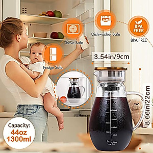 DUJUST Cold Brew Coffee Maker (44oz), Glass Iced Coffee Maker with Double Silicone Seals, 304 Stainless Steel Filter, Thick Glass Cold Brew Pitcher, Large Spout Easy to Pour, BPA-Free & Lead-Free