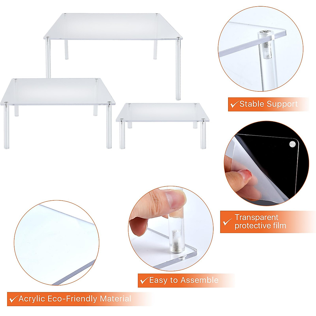 3 Pcs Square Acrylic Cake Stands, Akamino Reusable Round Cupcake Holder for Dessert Cake Pizza, Display Stand Party Serving Platter for Christmas Wedding Birthday Baby Shower Tea Party