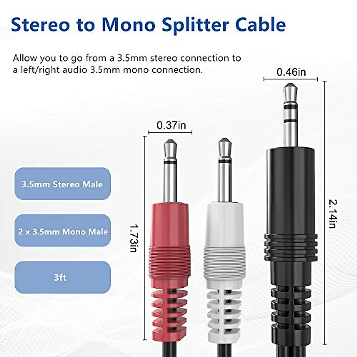 3.5mm Stereo Male to Dual 3.5mm Mono Male Audio Cable, 3ft 3.5mm 1/8" TRS Male to 2 x 3.5mm 1/8" TS Male Y Breakout Cable Splitter Adapter Connector for Headphone, Speaker