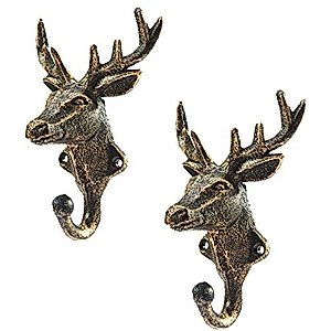 Set of 2 Cast Iron Heavy Duty Rustic Vintage Finish Deer Head Decorative Key Coat Towel Wall Hook Vintage Metal Wall Mounted Decorative Wall Hanger Nature Lovers Gift Idea (Deer Head)