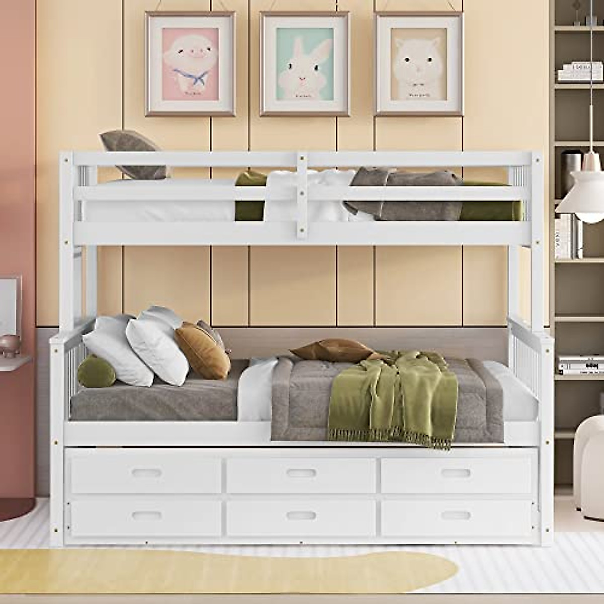 Harper & Bright Designs Twin Over Full Bunk Bed with Twin Size Trundle and 3 Storage Drawers, Separable Bunk Beds Twin Over Full Size, Wood Bunk Bed Frame for Kids Teens Boy & Girls (White)