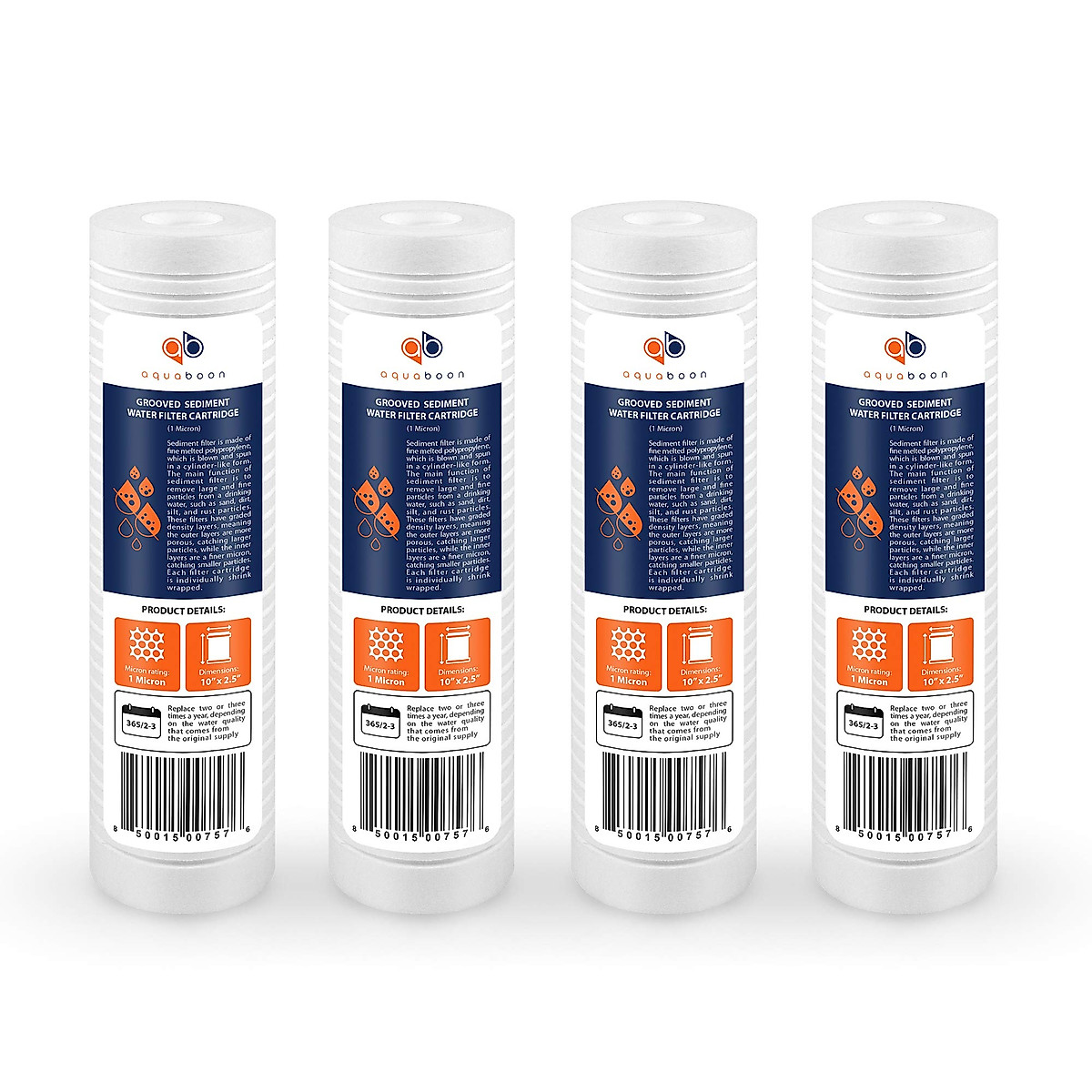 Aquaboon 1 Micron 10" x 2.5" Grooved Sediment Water Filter Replacement Cartridge for Any 10 inch RO Unit, Whole House Sediment Filtration, Compatible with P5, AP110, WFPFC5002, CFS110, RS14, 4-Pack