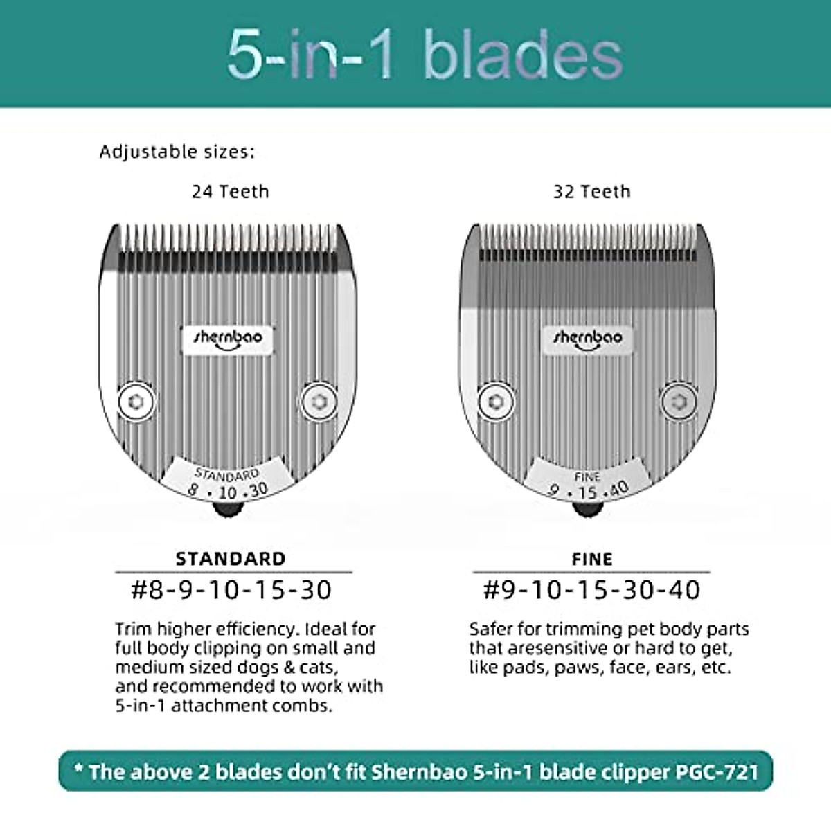 5IN1 Style Adjustable Pet Clipper Blades，Compatible with Wahl's Arco, Bravura, Chromado, Creativa, Figura, Motion, Supergroom Clippers. (NOT Compatible PGC-721 Clippers)(9-15-40#FINE)