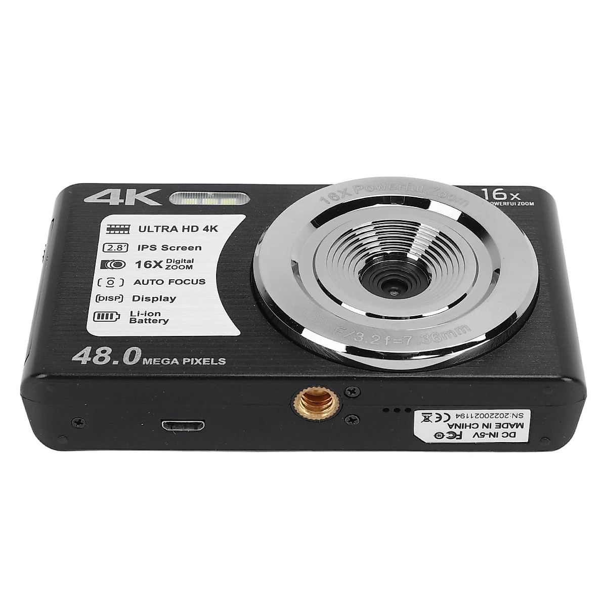 Compact Camera, 48MP Image Resolution Built in Fill Light Compatible 256GB Memory Card Rechargeable Lithium Ion Battery 4K Digital Camera for(Black)