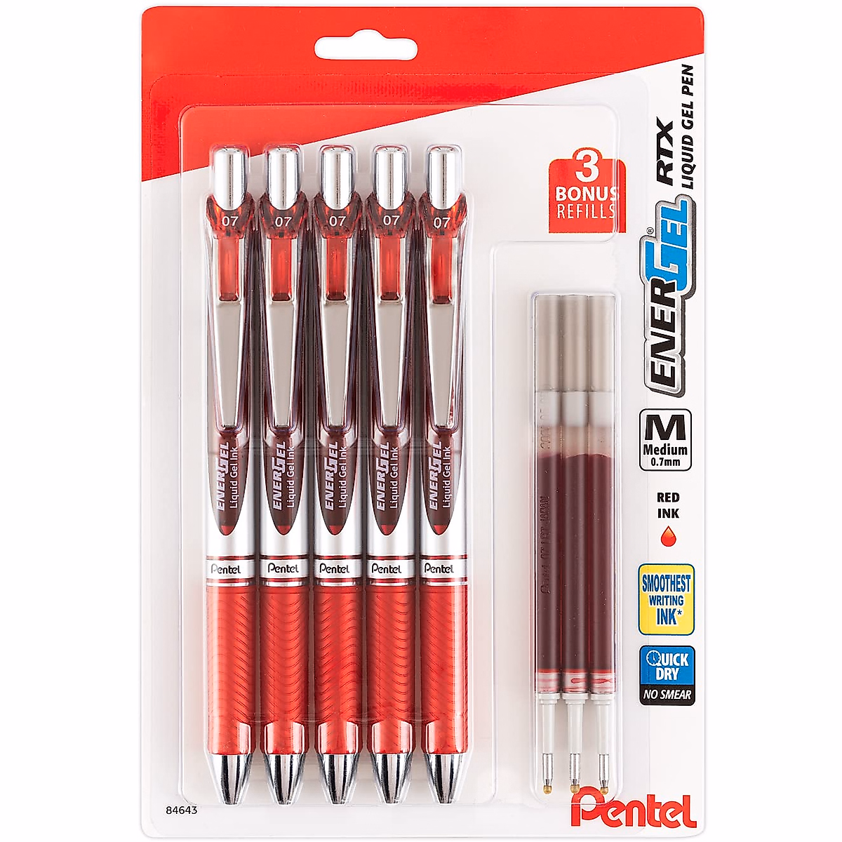 Pentel EnerGel Liquid Gel Ink Pens 0.7 mm - Pack of 5 Red Deluxe RTX Energel Pens with 3 Refills