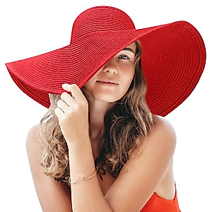 ASSQI Beach summer wide sun foldable hat for women Red