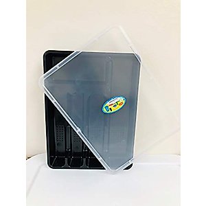 he-home essentials Flatware Tray+lid-Closes Tightly-Silverware Drawer Utensils Organizer with Cover-Cutlery Plastic Tray with Cover lid-Black