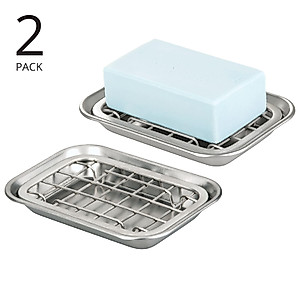 mDesign 2-Piece Soap Dish for Kitchen Sink - Bar of Soap Holder with Drainage Grate for Kitchen - Countertop Caddy Dish Rest for Scrubber, Sponge and Brushes - Unity Collection, 2 Pack, Brushed Chrome
