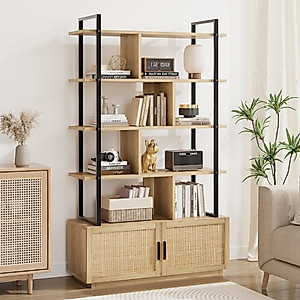 GAOMON 5 Tier Rattan Bookshelf with Storage Cabinet & Door, 71.1 Inch Tall Industrial Book Shelf with Open Display Shelves, 5 Shelf Bookcase with Metal Frame for Living Room, Bedroom -Burlywood