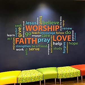 Diuangfoong Word Collage Faith Worship Love Youth Room Church Christian School Wordle Wall Decal Vinyl Decal Colorful Collage Word Cloud Re3174