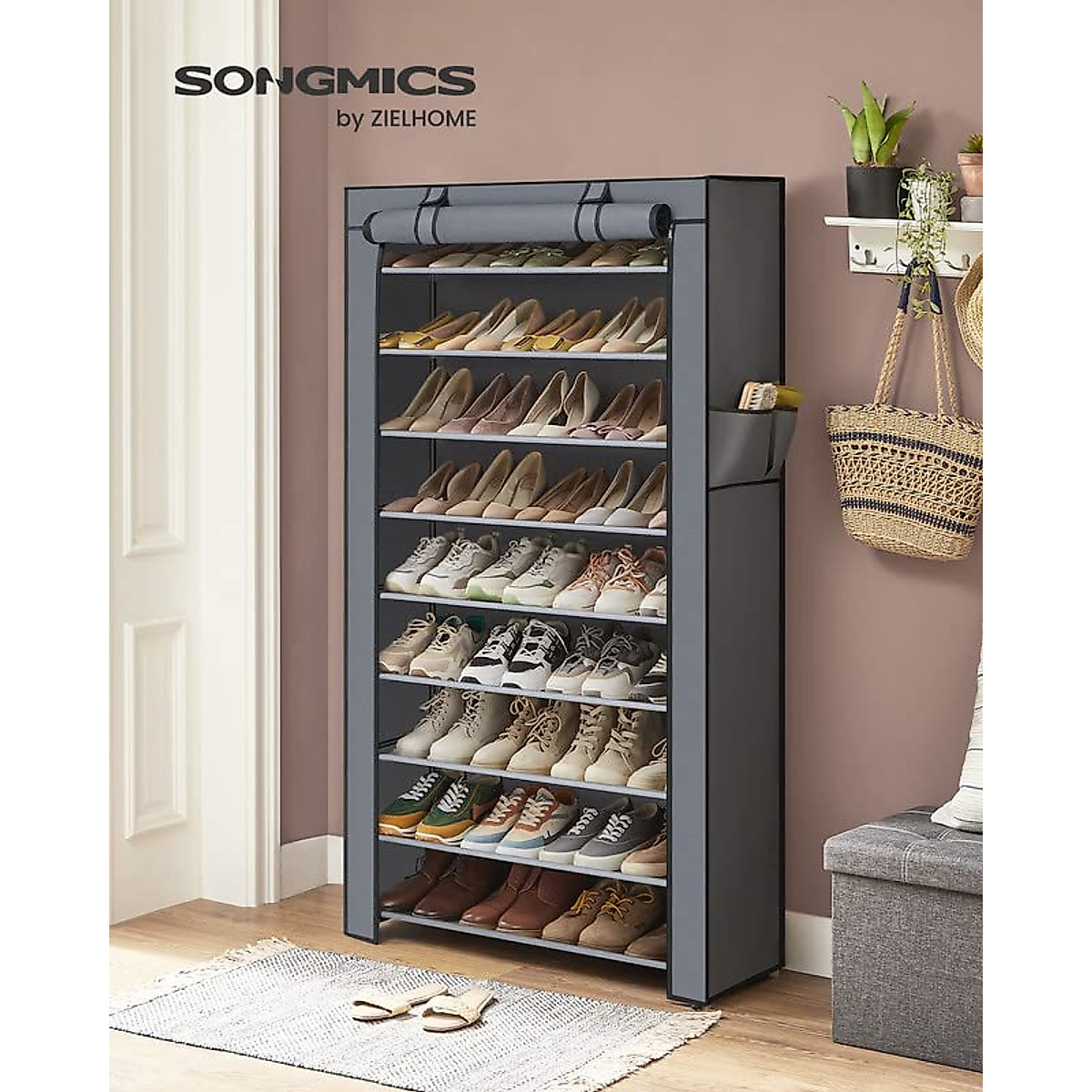 SONGMICS Shoe Rack, 9 Tier Shoe Organizer with Nonwoven Fabric Cover, Shoe Storage Shelf for 40-50 Pairs of Shoes, Entryway, Suitable for Sneakers, High Heels, Flats, and Boots, Grey URXJ36G