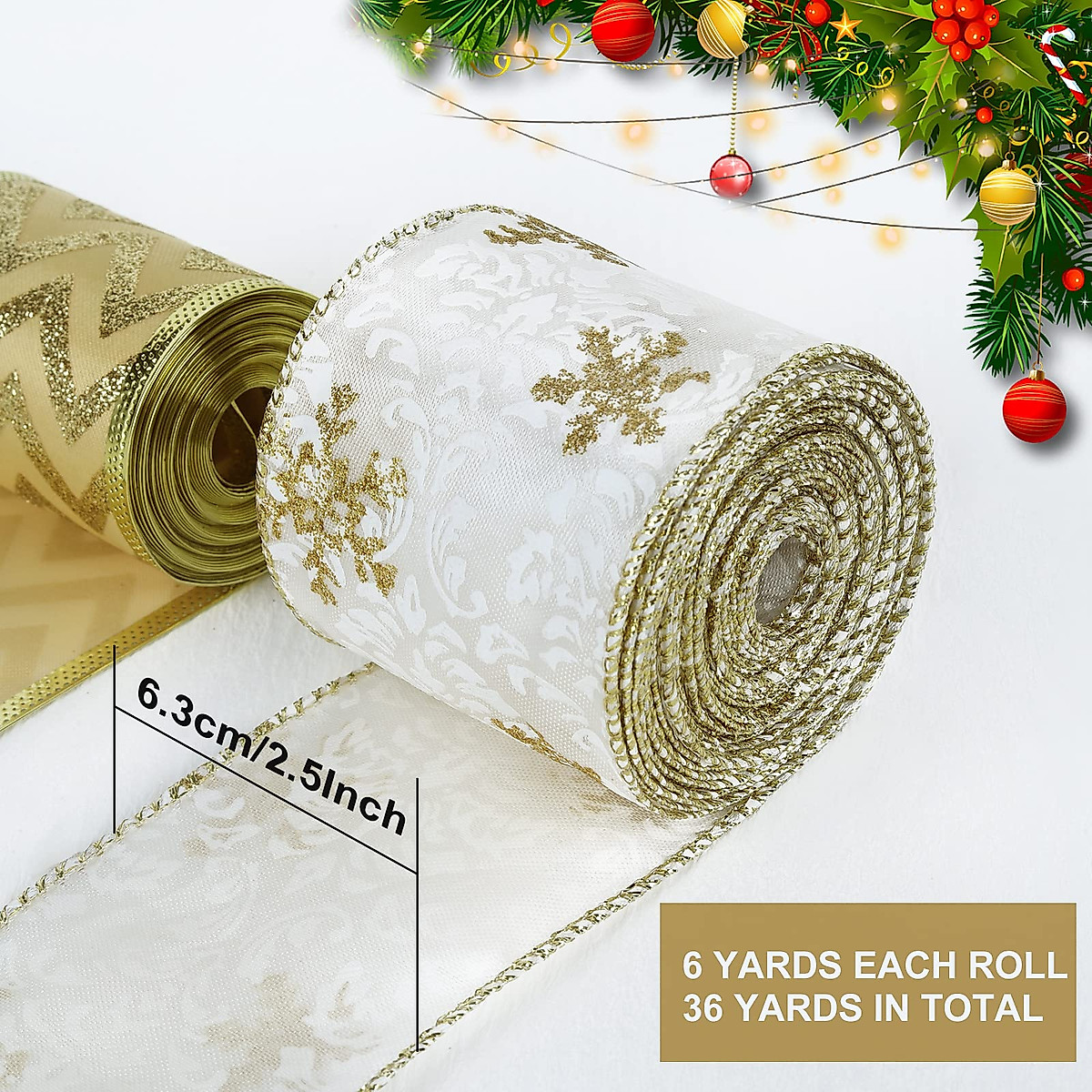Arquiel 6 Rolls Christmas Ribbon Wired, 2.5" x 6 Yards Gold Ribbons Ornaments with Glitter for Xmas Tree Gift Wrapping Bow Decoration, White & Gold Ribbons