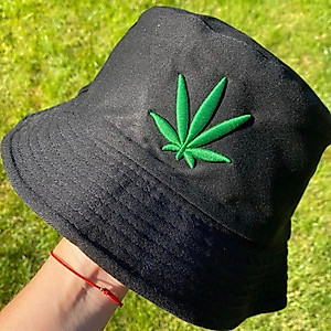 Bucket Hat Cap Marijuana Weed Leaf Cannabis - Foldable Snapback Men Women (Black)