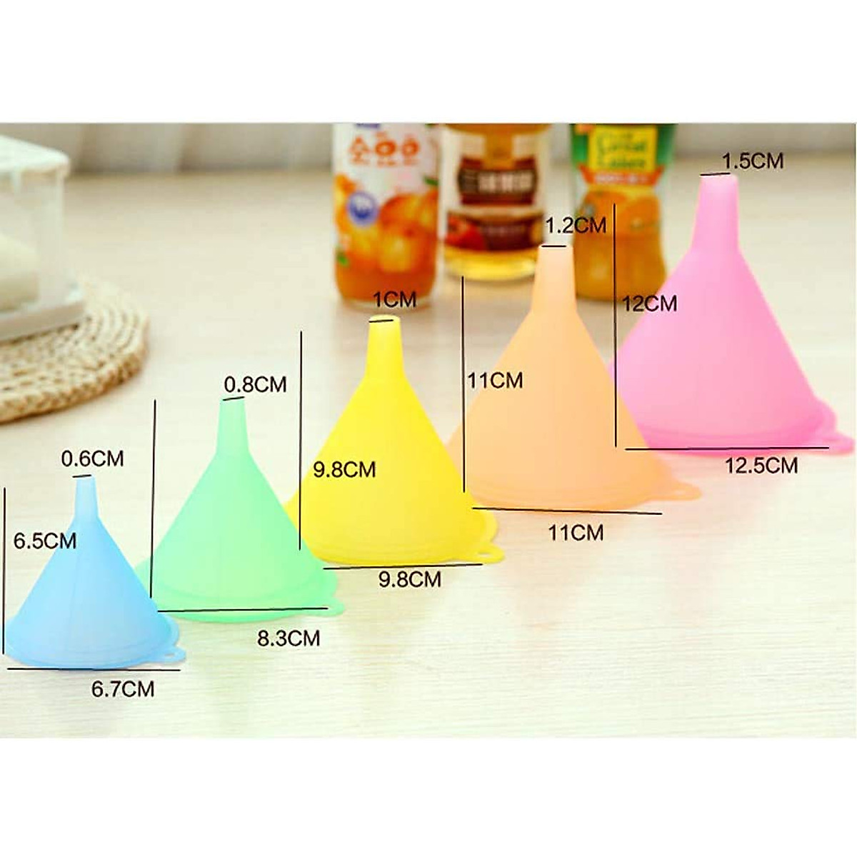 iSnuff Kitchen Funnel Set with 5 Sizes, Small to Large Plastic Cooking Funnel with Narrow Spout for Filling Bottles, Jars, Bowls, Spices, Powder Funnels, Essential Oils