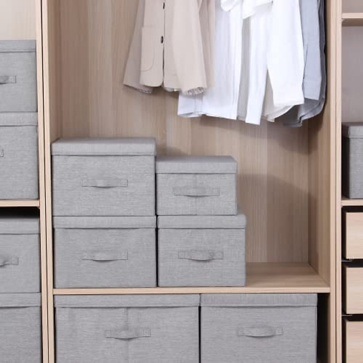 Clothes Storage 2 Pack, Storage Bins with Lids & Clear Window, Large Capacity Closet Organizer, Fabric Storage Containers for Clothing, Blanket, Comforter (M(15.7x11.8x9.8") for 15-20 T-shirts, Light Grey-1)