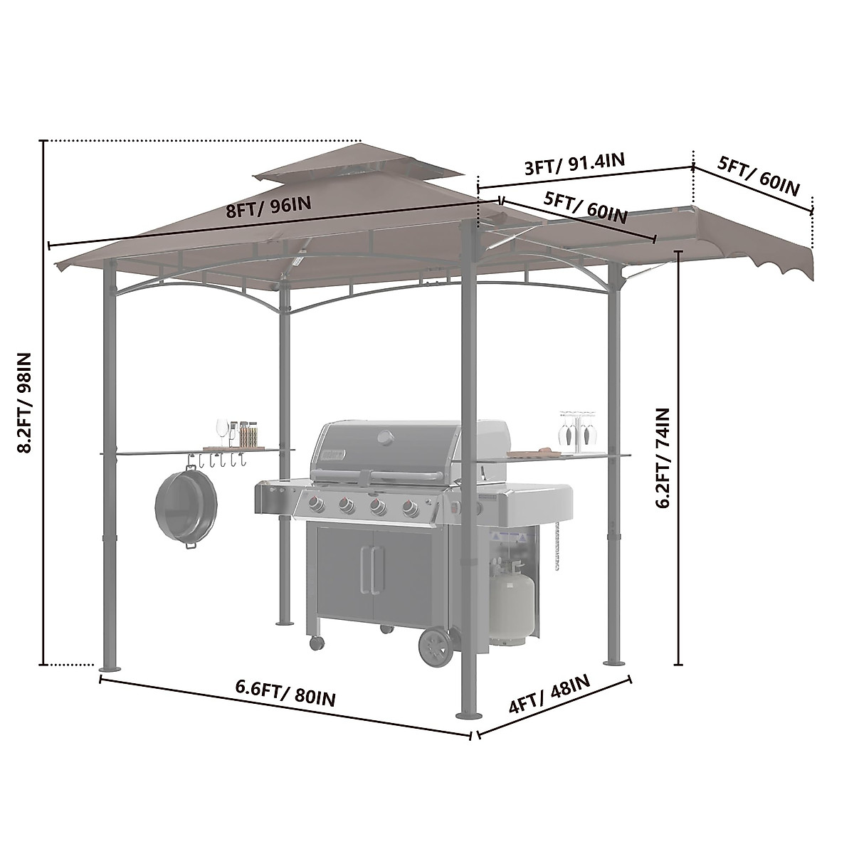 MASTERCANOPY 11 x 5 Grill Gazebo with Extra Side Awning Outdoor BBQ Gazebo with 2 LED Lights for Patio Party Backyard Picnic(Brown)
