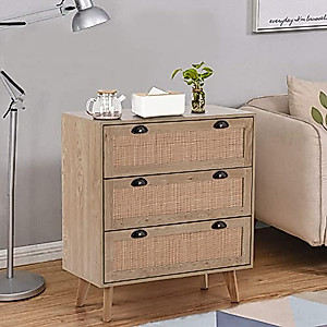Sophia & William Rattan Cabinet Boho Dresser 3-Drawer Chest of Drawers/Accent Storage Cabinet/Nightstand for Bedroom Living Room