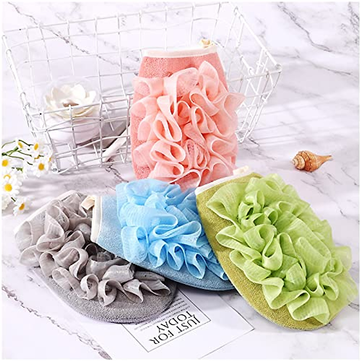 2PCS Shower Gloves with Flower Bath Ball Exfoliating Body Pad Deep Cleaning Gloves for Bathroom, Bathhouses and Spas (Green)