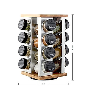 Kamenstein 16 Jar Warner Revolving Countertop Spice Rack Organizer with Lift & Pour Caps and Spices Included, FREE Spice Refills for 5 years, Stainless Steel & Bamboo with Black Caps