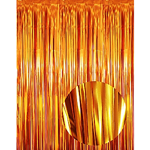 GOER 6.4 ft x 9.8 ft Metallic Tinsel Foil Fringe Curtains,Pack of 2 Party Streamer Backdrop for Birthday,Graduation Decorations and New Year Eve (Orange)