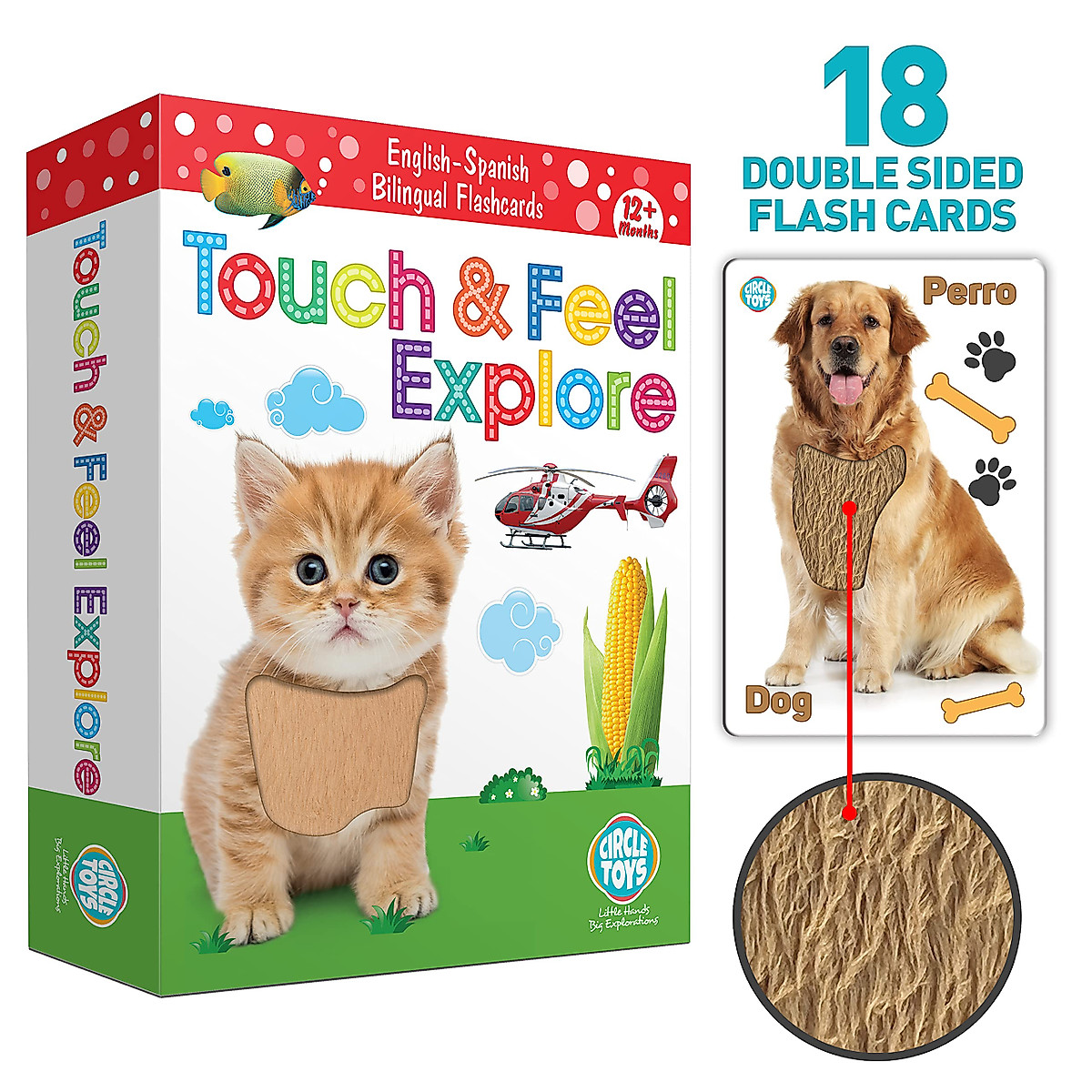 My Touch and Feel English Spanish Bilingual Picture Double Sided Sensory Flash Cards for Infant, Toddlers, Kids, Learn Animals, Fruits, Objects and Vehicles, Fun Learning and Educational Flashcards