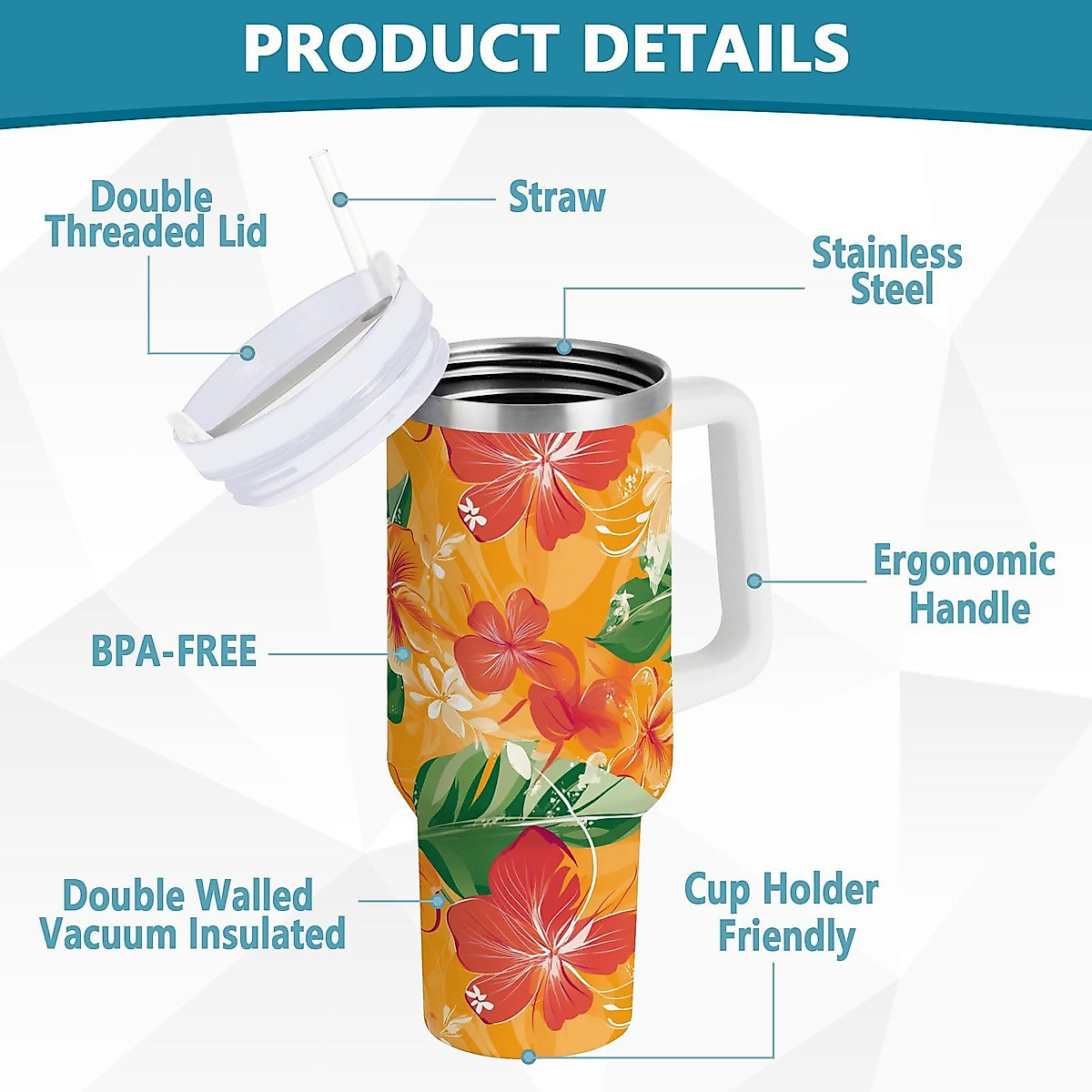 ALAZA Tropical Floral Yellow 40 oz Tumbler Water Bottle with Straw Lid and Handle,Reusable Insulated Stainless Steel Cup for Women Men Travel Car Cup Holder