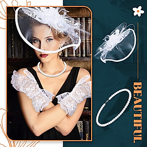 3 Pieces Fascinators Hats for Women Tea Party Hat Feathers Veil Mesh Hat Lace Gloves Pearl Choker Necklace Set for Wedding Cocktail Party, White