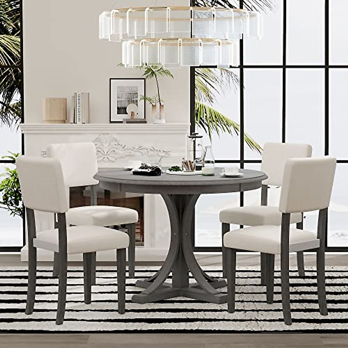 WOZNLA 5-Piece Round Kitchen Dining Table Set - Curved Trestle Style Legs, 4 Upholstered Chairs Included