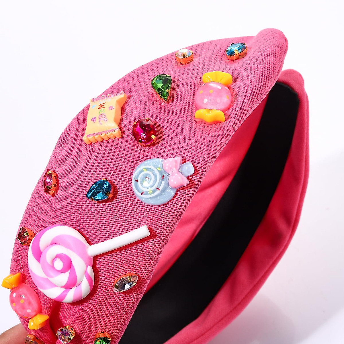 Knotted Headband for Women Lollipop Candy Charms Crystal Jeweled Embellished Top Knot Hairband Statement Wide Turban Hair Hoop Funny Gifts for Girls Sister Birthday Xmas Holiday Party