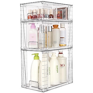 Vtopmart 3 Pack Clear Stackable Storage Drawers,Easy to Assemble Bathroom Organizers and Storage with handles,Plastic storage drawers for Kitchen Pantry,Cabinet,Under Sink Organization