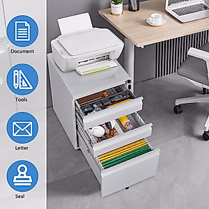 3 Drawer Mobile File Cabinet, Under Desk Metal Filing Cabinet with Lock and Wheels, Filing Cabinets for Home Office, Legal/Letter/A4 File Folders Storage, 15.35"Wx19.68"Dx25.59"H Unassembled(WHITE)