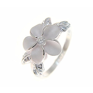 Arthur's Jewelry Sterling silver 925 Hawaiian 12mm plumeria flower maile leaf white cz ring size 7
