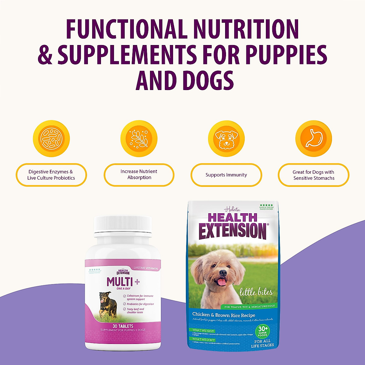 Health Extension Bundle - Little Bites Dry Dog Food Chicken & Brown Rice Recipe (4 lbs) & Multivitamin (30 Tablets) - High-Protein, Balanced Nutrition for Dogs of All Life Stages