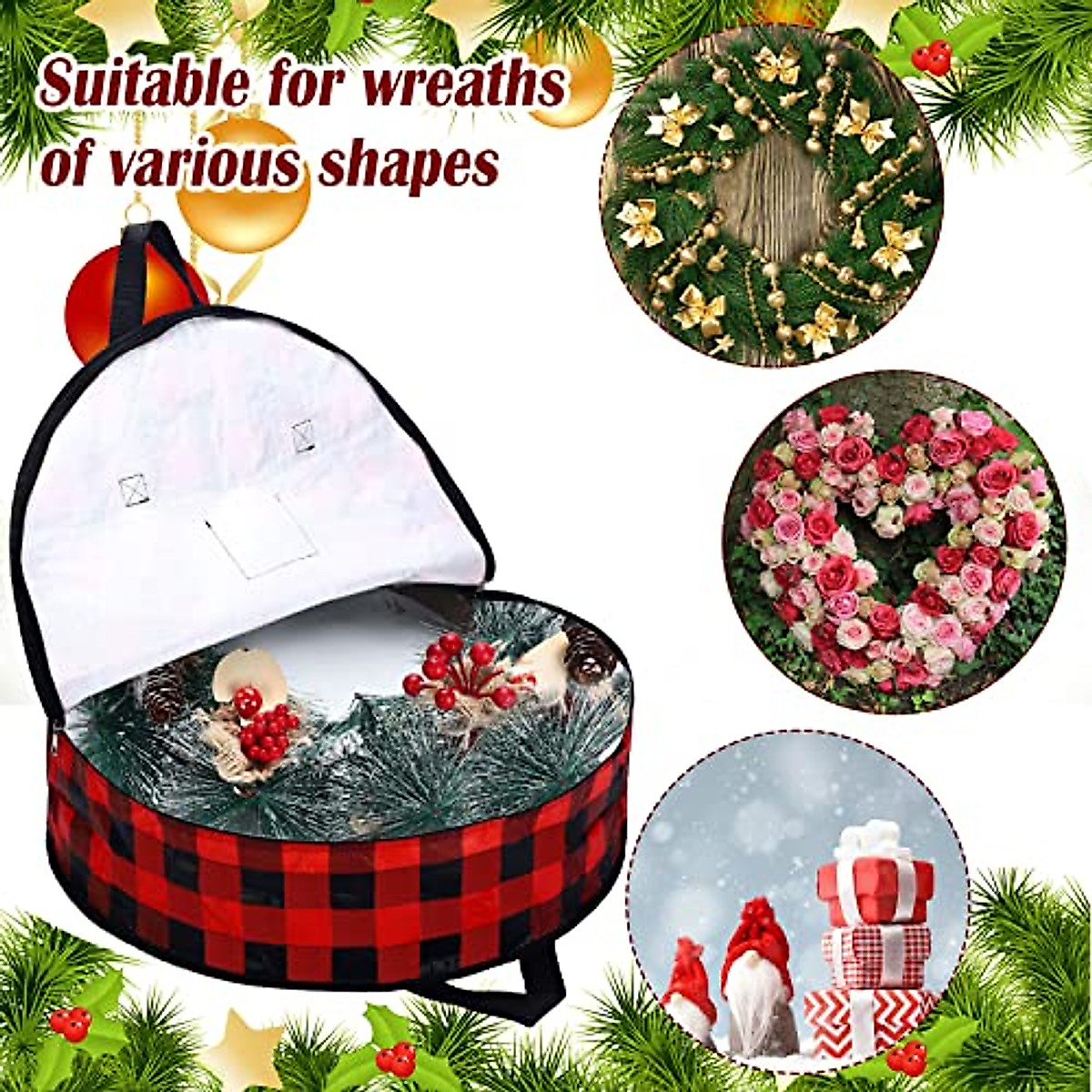 Sadnyy 4 Pieces Christmas Wreath Storage Bag Round Buffalo Plaid Wreaths Storage Container Large Zippered Wreaths Holder Container with Handles for Xmas Holiday Party (Black and Red, 24 Inch)