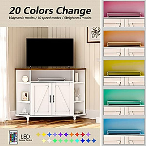 4 EVER WINNER Corner TV Stand for 50 Inch TV, 45” Farmhouse Corner TV Cabinet with LED Light, Adjustable Shelves and Barn Doors, Corner Entertainment Center for Living Room Bedroom, White