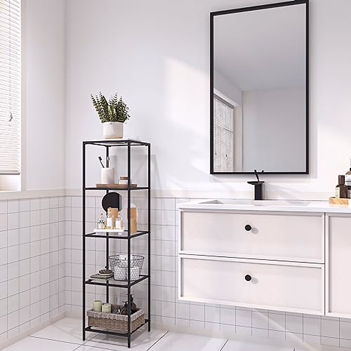 Homhedy 5-Tier Bookshelf,Metal Bookcase,Tempered Glass Shelves,Storage Rack Shelf for Home Office,Living Room,Bedroom, Bathroom,Modern Style, Black