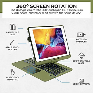 mobee Unitype iPad 7th 8th and 9th Generation Keyboard Case for iPad 10.2 2021 & 2020, iPad Air 10.5 2019, iPad Pro 10.5 2017 Backlit Keys 360° Bluetooth with Touchpad iPad Air 3 Gen - Tactical Green