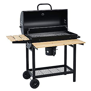 SUNCHIEF 613 Square Inches Heavy Duty Trolley Charcoal BBQ Grill Outdoor with Offset Smoker & Foldable Wooden Shelf