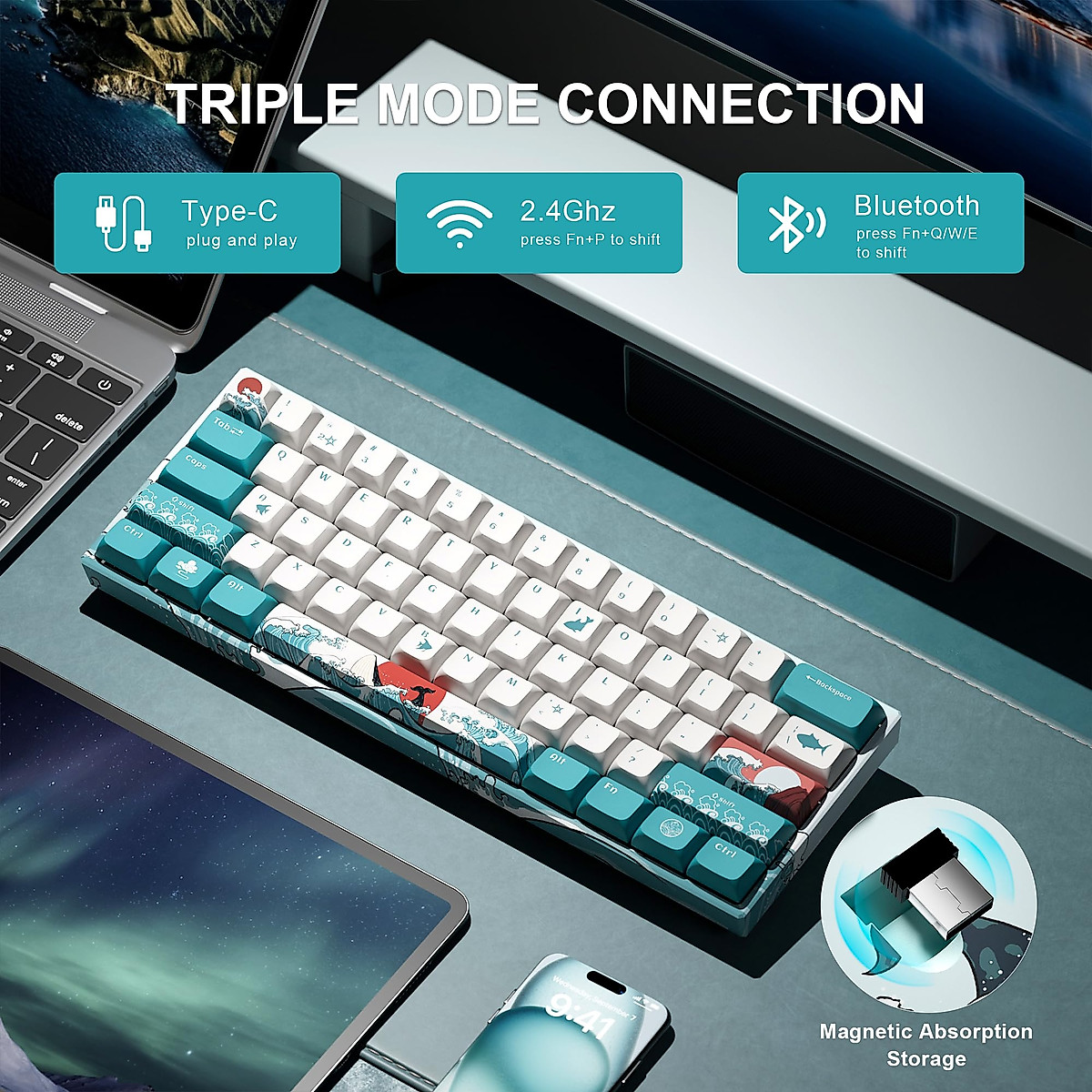 60 Percent Keyboard, XVX M61 Pro 3-Modes Wireless Mechanical Keyboard, Hot-Swappable Custom Gaming Keyboard, RGB Backlit Keyboard for Windows Mac PC Gamers(Coral Sea Theme, Pre-lubed Linear Switch)