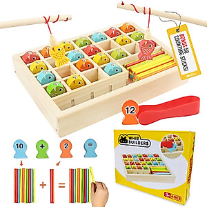 Magnetic Wooden Fishing Game For Kids, Math and Counting Toy Board Games For Toddlers & Kids Ages 3 4 5 Educational Preschool Montessori STEM Learning Kindergarten For Girls and Boys with Magnet Poles