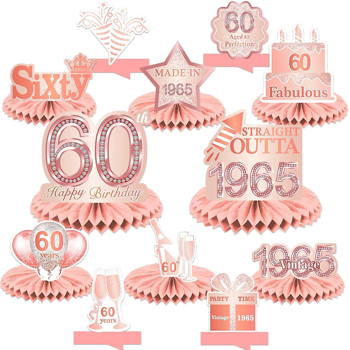 Happy 60th Birthday Rose Gold Table Honeycomb Centerpieces Balloons Theme Decor Table Decorations Table Toppers for Girls Women Sweet Princess 60 Years Old Pink Birthday Party Bday Supplies Ornament