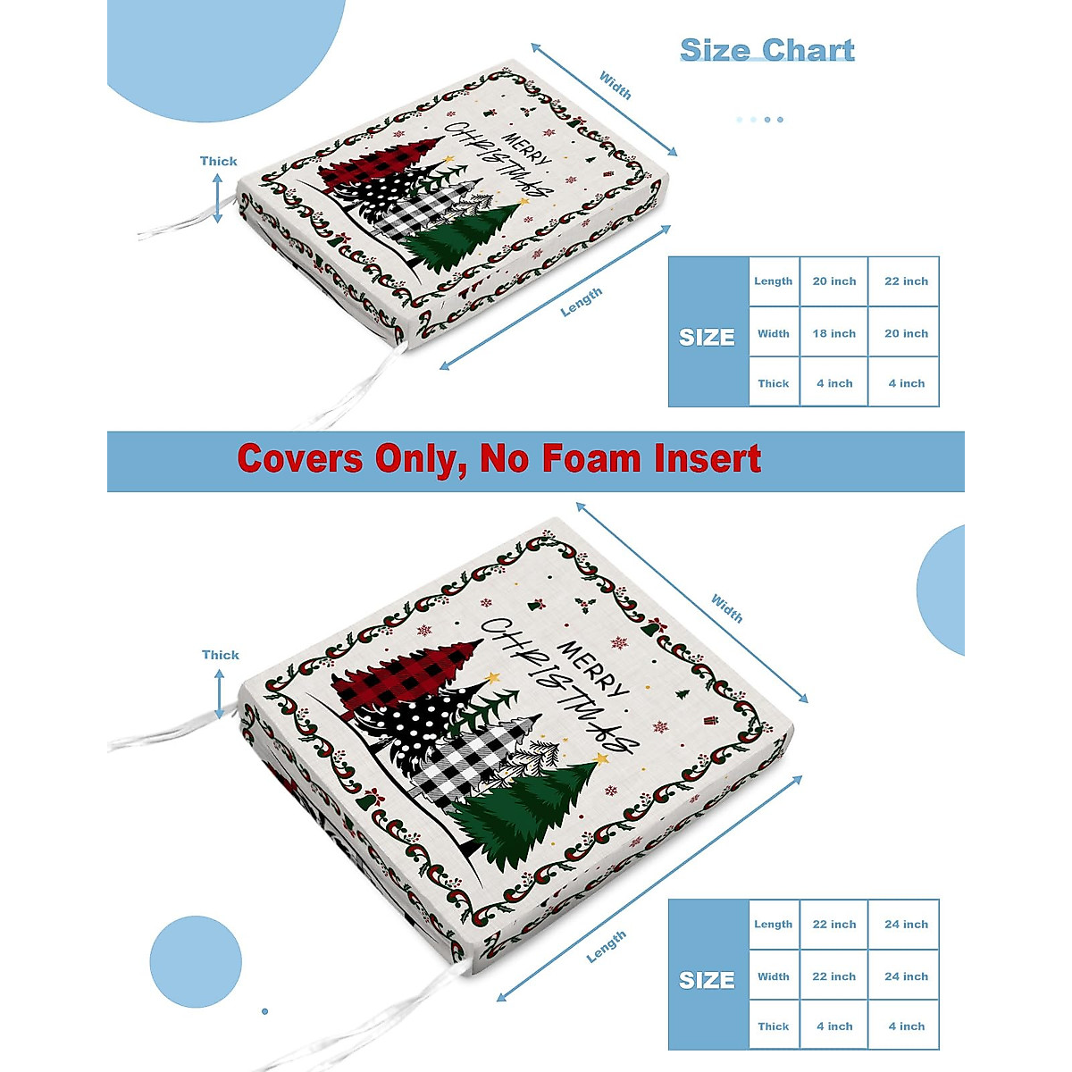 Merry Christmas Tree Outdoor Cushion Chair Cover Set of 2 - Waterproof Couch Seat Covers, Red Plaid Green Xmas Tree Snowflake Patio Furniture Protector Slipcovers for Sofa/Garden/RV, 20"x18"x4"