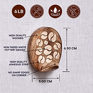 Indian Shelf 6 Pack Wood Wall Hooks- Adhesive Wall Hooks -Decorative Wall Hooks for Hanging- Boho Wall Hooks -Sticky Coat Hooks Wall Mount- Wooden Towel Hooks for Bathroom Wall Mounted- Style 1