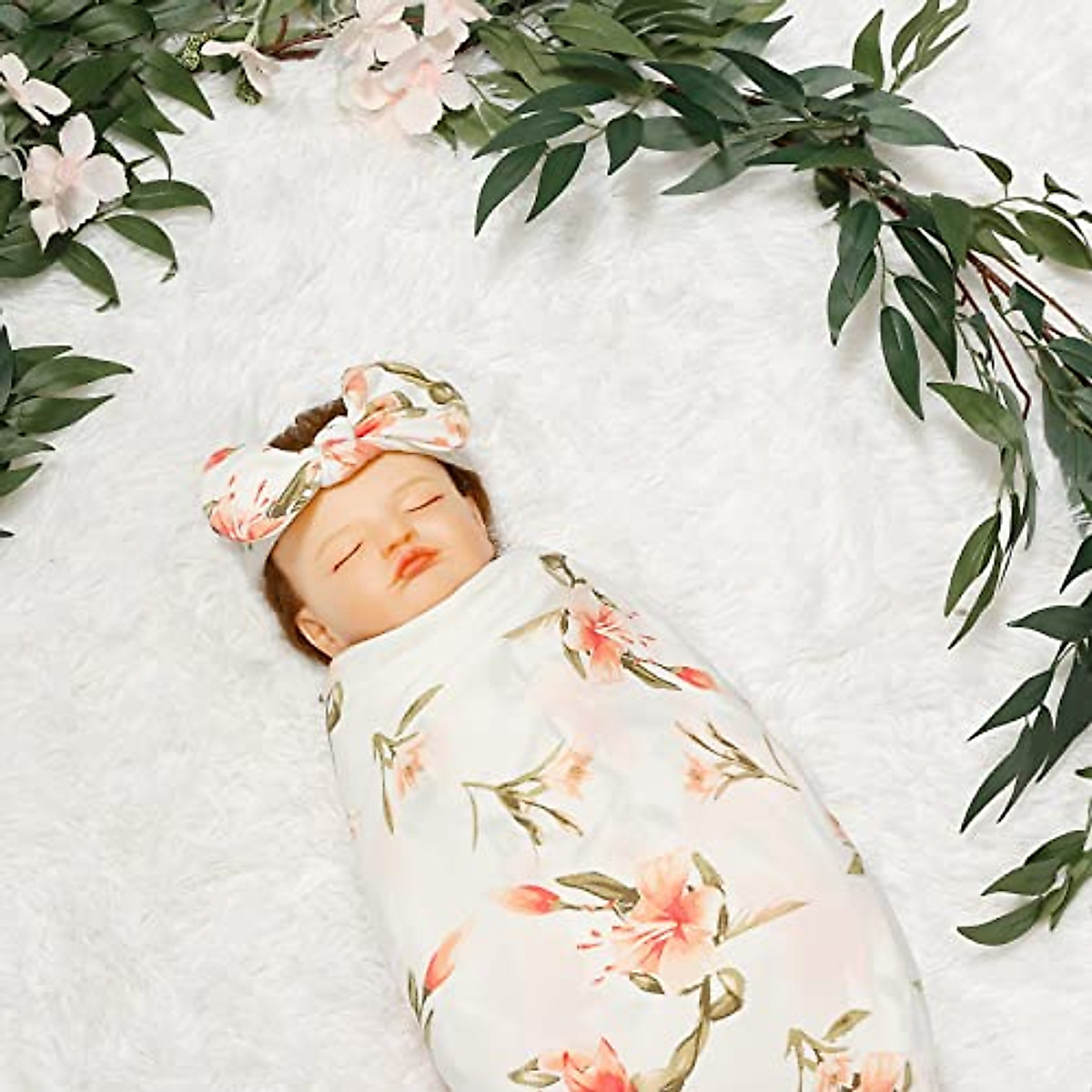 insular Swaddle Blankets Beanie Hat Headband Sets, Newborn Baby Girl Swaddle Sack, Receiving Blankets Infant Baby Gifts, Photo Props Photography(White Lily)
