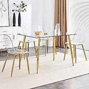 51 inch Glass Dining Table Set for 4, Dining Table & Chair Sets with Gold Plating Legs for Kitchen, Modern Rectangle Tempered Glass Table Top and Transparent Plastic Dining Chair for Dining Room