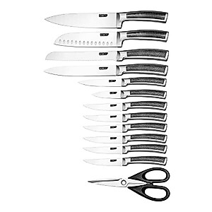 Knife Set, 14-Piece German Steel Kitchen Knife Block Sets with Built-in Sharpener, Rotating Block