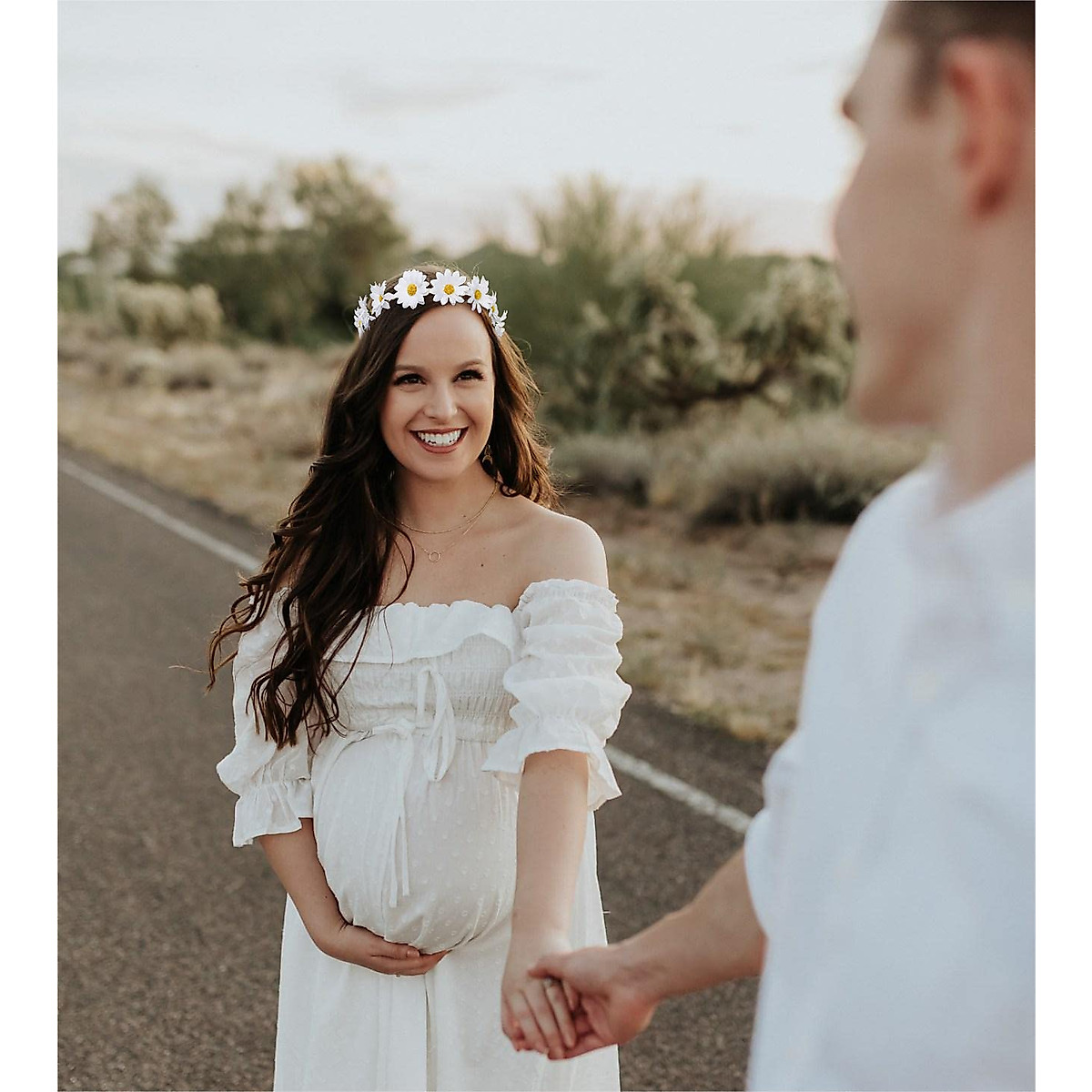 WOVOWOVO 2 Packs Daisy Flower Crown Headbands For Women Baby Girl, Sunflower Hippie Hair Accessories Fall Floral Crowns Hair Bands Handmade Bridal Headpiece Photo Props Party Vacation (White)