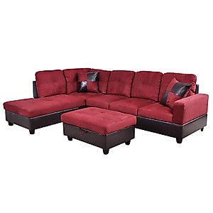 EZLUX Red Flannel and PVC L-Shaped Left Chaise Sectional Sofa Couch Set with Storage Ottoman for Living Room
