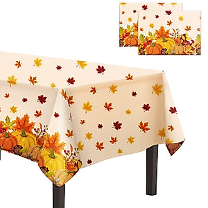 CAKKA Thanksgiving Tablecloth Plastic 54x108 Inch, 2 Pack Disposable Fall Pumpkin Table Cover, Orange Maple Leaf Rectangle Autumn Table Cloth for Fall Thanksgiving Day Table Decor Decoration