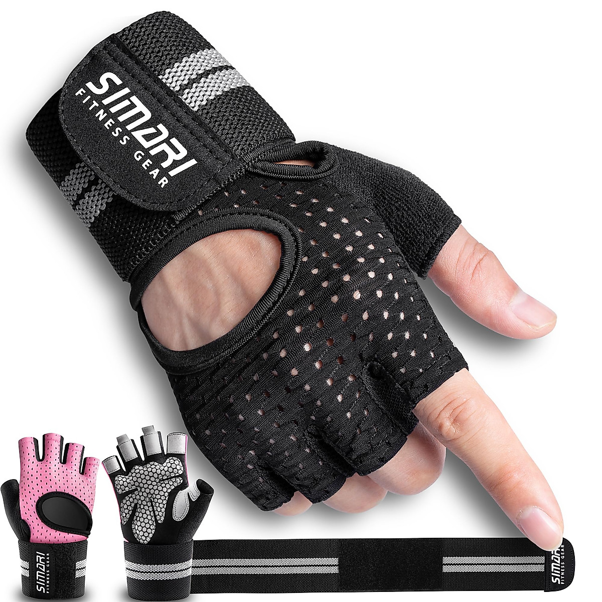 SIMARI Breathable Workout Gloves for Men Women, Padded Weight Lifting Gloves with Wrist Wraps Support, Full Palm Protection, Grip for Gym Training, Fitness, Weightlifting, Exercise Fingerless Black